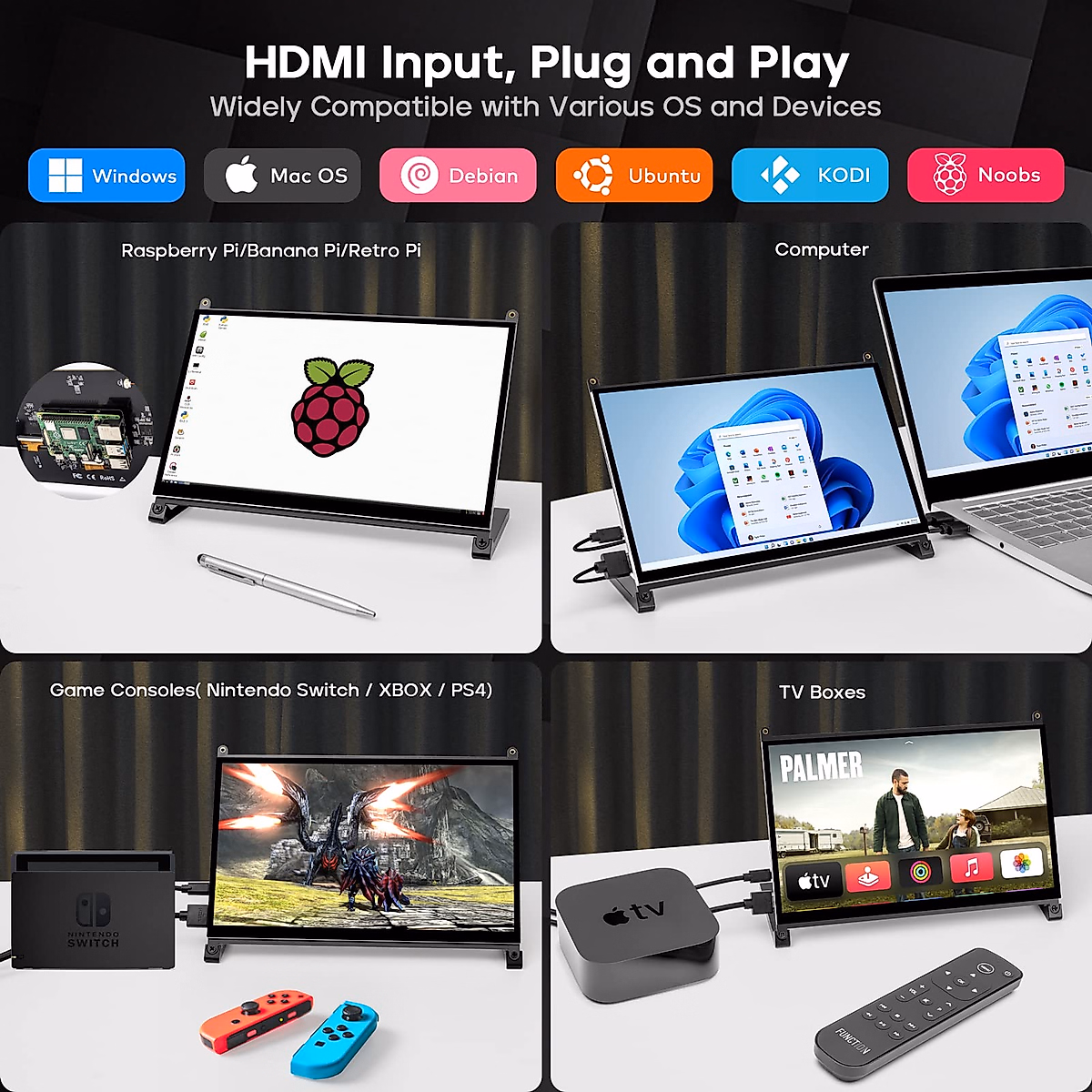 ROADOM 7’’ Raspberry Pi Screen, IPS1024×600,Responsive Smooth Touch,Dual Built-in Speakers,HDMI Input,Compatible with Raspberry Pi 5/4/3,Driver Free