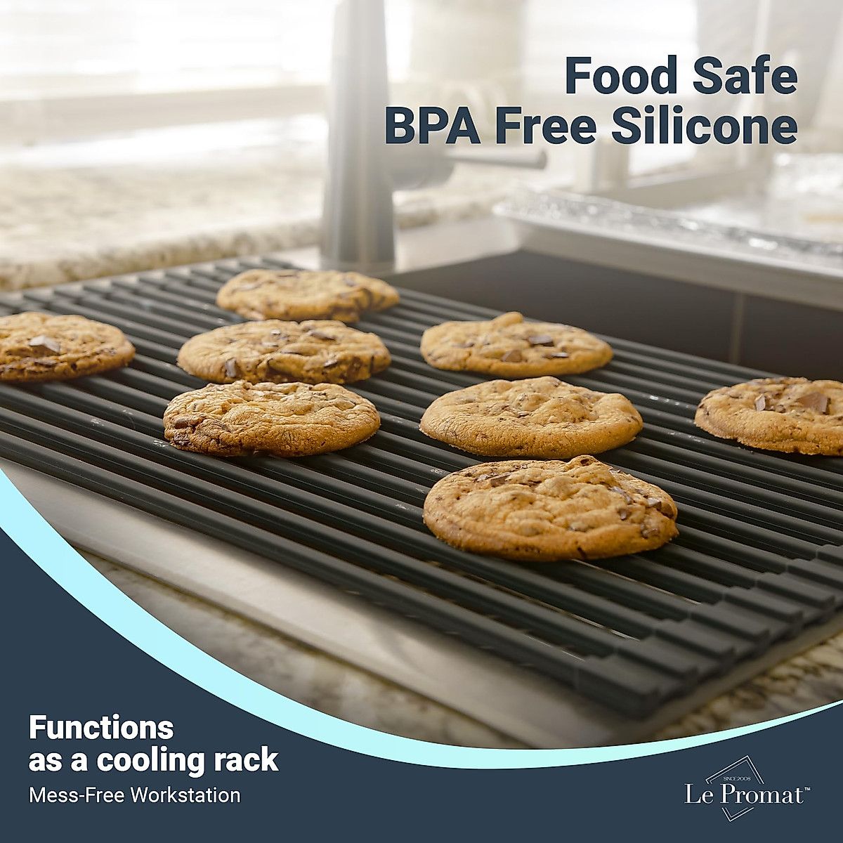 TRUSTAINLESS Combo Pack - Premium Multipurpose Black Silicone Extra Large 21 Inch Rolling Sink Rack and Drying Mat. Multipurpose Kitchen Accessory and Trivet