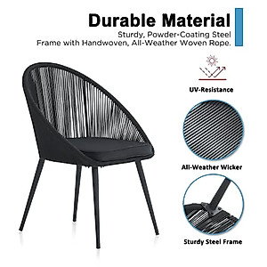 ELPOSUN 3 Piece Patio Set Outside All Weather Woven Rope Bistro Furniture Set with 2 Chairs and 1 Glass Top Coffee Table for Garden, Balcony, Backyard, Porch, Lawn, Poolside (Black)