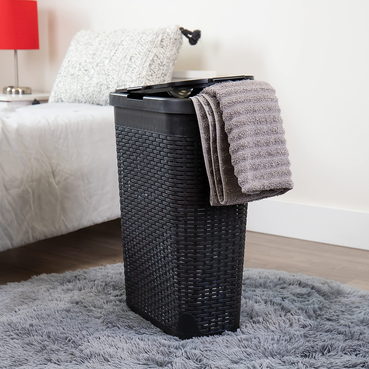 Mind Reader 40L Slim Laundry Hamper, Clothes Basket, Lid, Wicker Design, Plastic, 18"L x 10.4"W x 23.5"H, Set of 6, Black