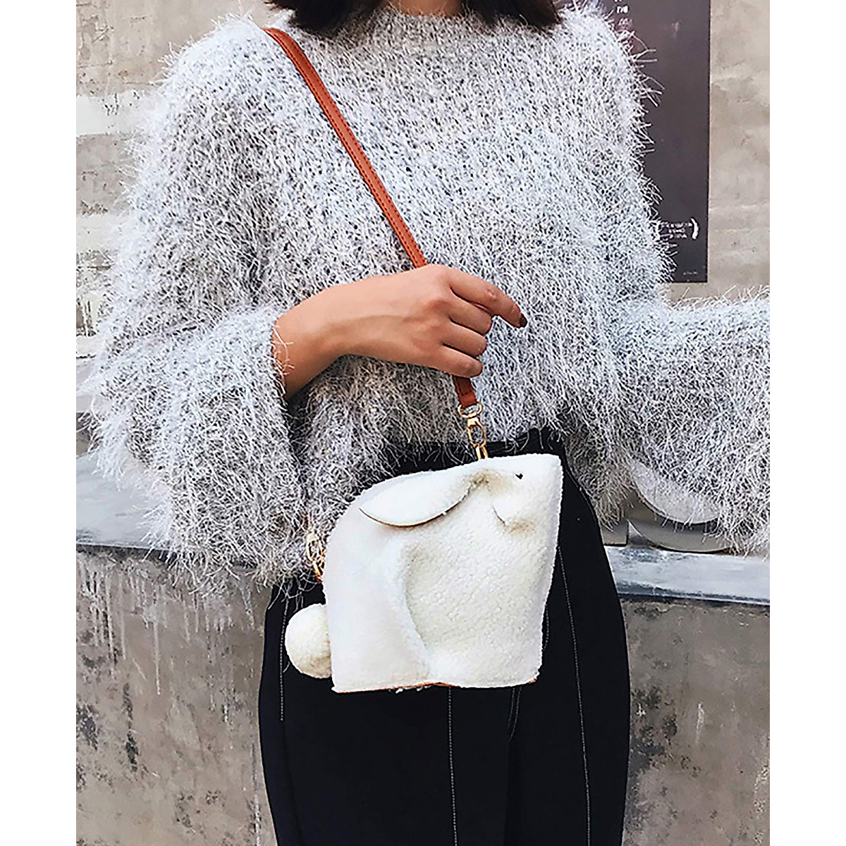 QZUnique Rabbit Shape Handbag Women's Lovely Plush Toy Crossbody Bag Rope Strap Shoulder Bag