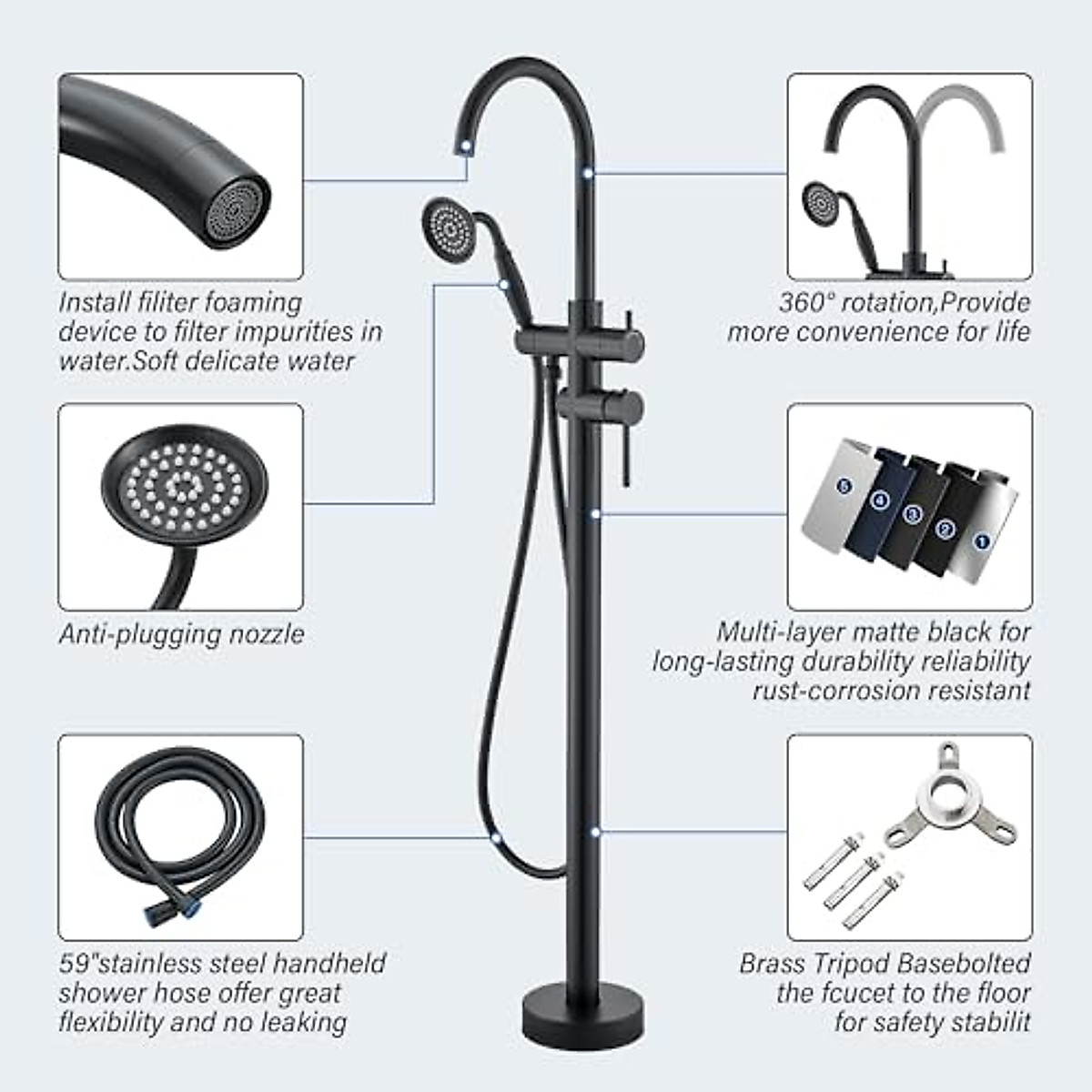 Freestanding Bathtub Faucet Floor Mount Tub Filler Matte Black Standing High Flow Shower Faucets with Handheld Shower Mixer Taps Swivel Spout
