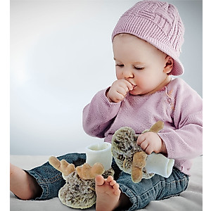 DolliBu Brown Moose Soft Plush Baby Shoes - Soft & Fluffy Wild Life Fleece Unisex Footwear with Stuffed Animal Moose for Baby Boy or Girl - Fuzzy Indoor Slipper, Winter Foot Warmer - One Size