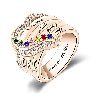 Her Gift Personalized Mother Rings with 1-8 Birthstones Heart Family Ring Custom Engraved Name Ring for Mom Women Grandma Wife (7 Names & Birthstones)