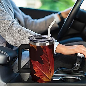 LLUTSNTH 40 Oz Vacuum Tumbler with Black Handle Leakproof Insulated Tumbler Fall Autumn Leaves Stainless Steel Travel Mug with Lid And Straw Coffee Cup Cute Water Bottles Cup Holder Friendly