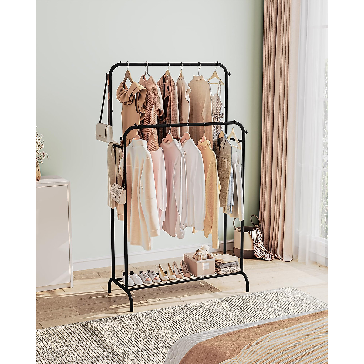 Hzuaneri Clothes Rack, Double Rods Garment Rack with Storage Shelf, Clothing Rack for Hanging Clothes, Metal Frame Clothes Organizer for Bedroom, Living Room, Black GR34099B