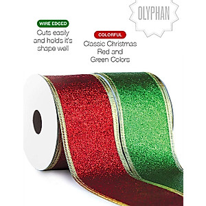 Christmas Ribbon Glitter Wired Christmas Ribbons Red Green Wire Edged 2 inch Wide x 6 Yds for Gift Wrapping Bows Christmas Tree Ribbon Garland Wrap Around Ribbon for Xmas Trees Gifts Crafts Presents