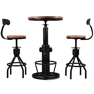 LOKKHAN 3-Piece Bar Table (38.6"-48.4") & 2 Backrest Stools (24"-30") Set for Pub Kitchen Dining Living Party Bistro Breakfast, Swivel Top, Height Adjustable, Most Weld, Space-Saving（Black&Brown）