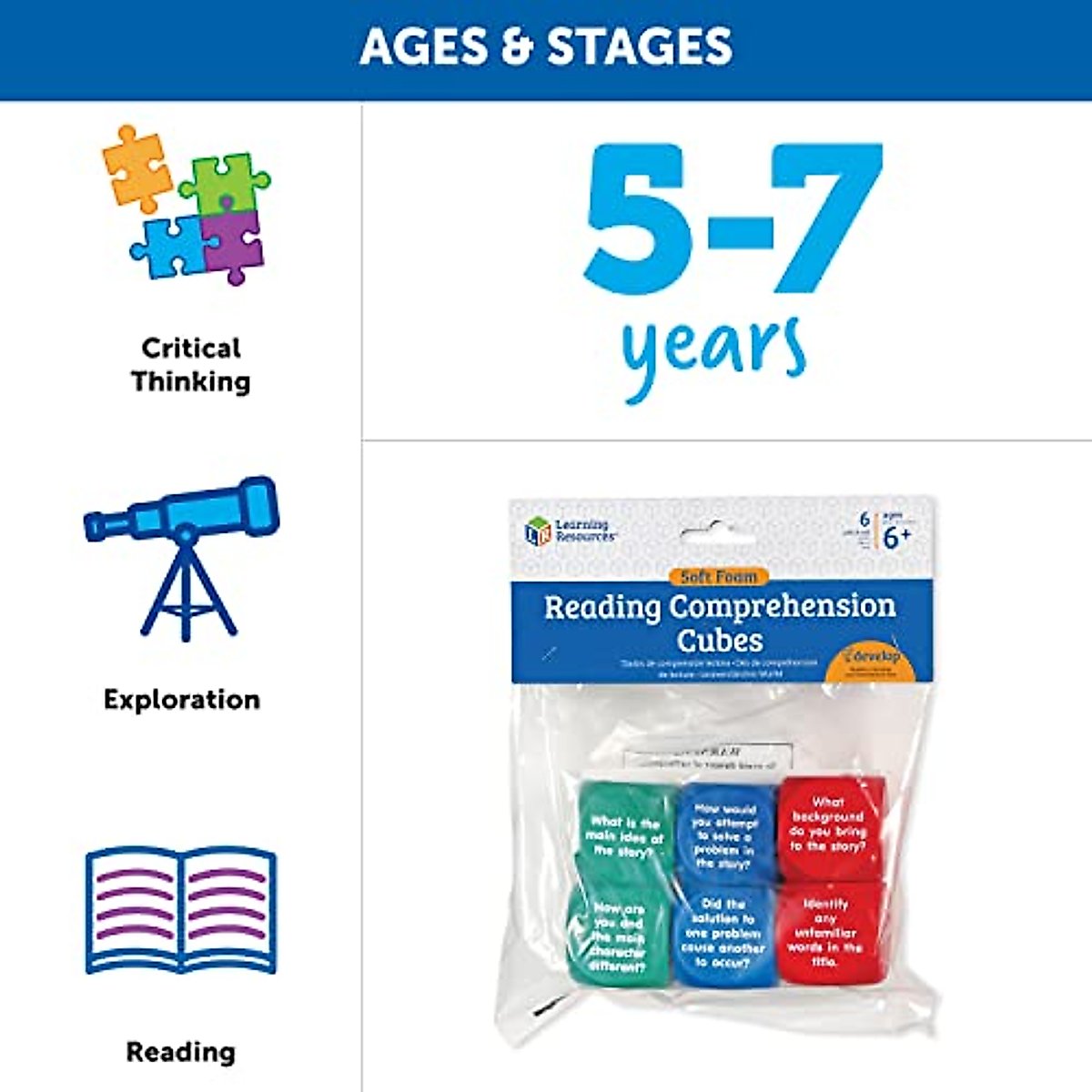 Learning Resources Reading Comprehension Cubes, 6 Colored Foam Cubes, Ages 6+, Multi-color, 1-5/8 L x 1-5/8 W in