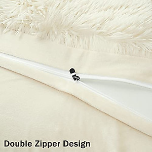 Plush Duvet Cover Set, Luxury Ultra Soft Velvet Duvet Cover Set Fluffy Plush Shaggy Bedding Sets 4 Pieces(1 Duvet Cover + 2 Pillow Case + 1 Pillow Cover) Zipper Closure (Queen, Light Beige)