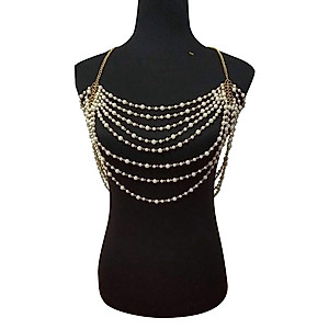 Wraith of East Sexy Women Pearls Beaded Body Chain Chest Cover Up Tassel Harness Necklace Bridal Shoulder Chain Wedding Jewery Accessories, 109-gold, One Size