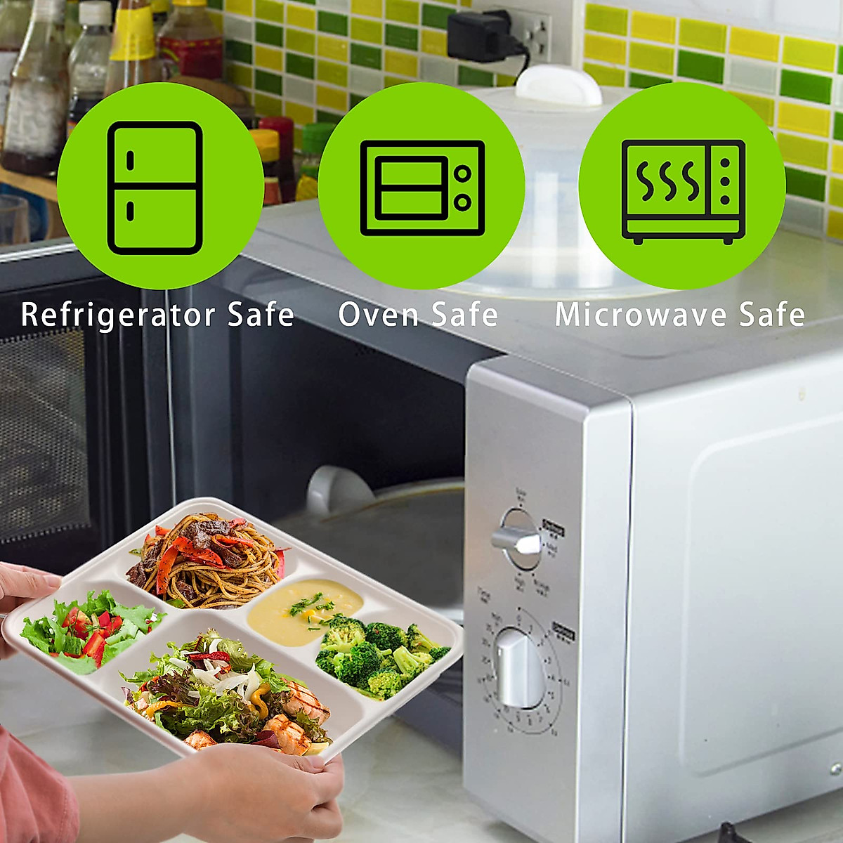 Hacaroa 50 Pack 5-Compartment Compostable Paper Plates, Natural Disposable Bagasse Plates School Lunch Trays, Rectangular Divided Plates for Party, Picnic, Eco-Friendly, Biodegradable, White