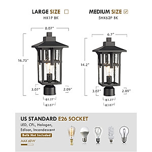 Exterior Post Light, HWH Outdoor Pole Lantern Pillar Light Fixture with Seeded Glass Shade, Matte Black Finish, 5HX62P BK