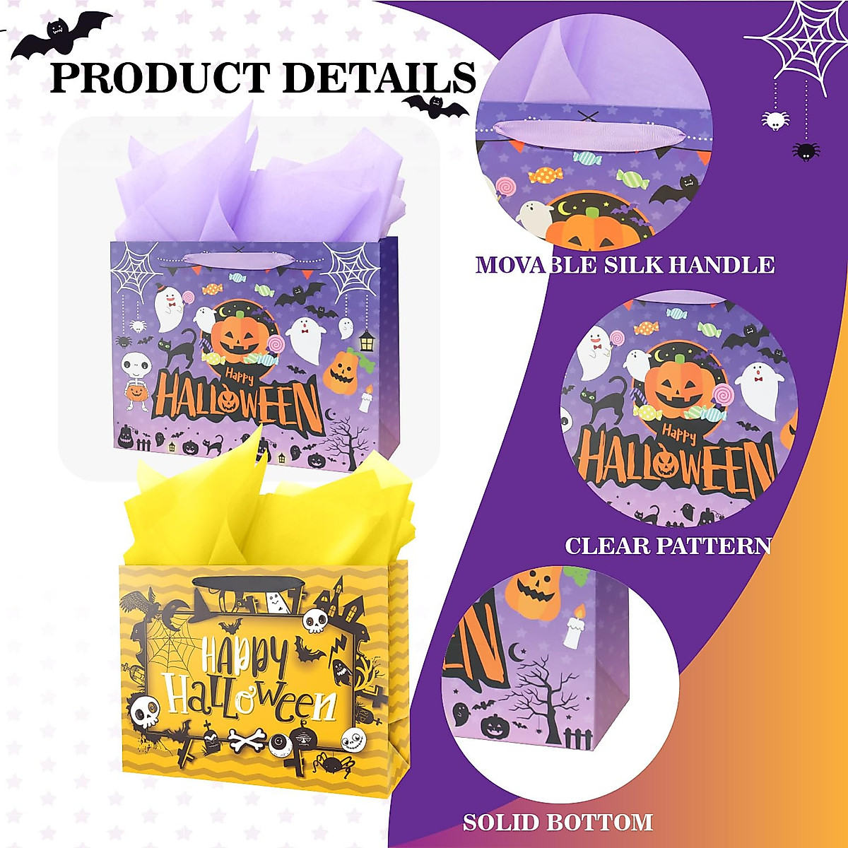 Ranfashiong 13" Halloween Large Gift Bag with Card and Tissue Paper Pumpkin Design Trick or Treat Party - Purple yellow 2Pcs