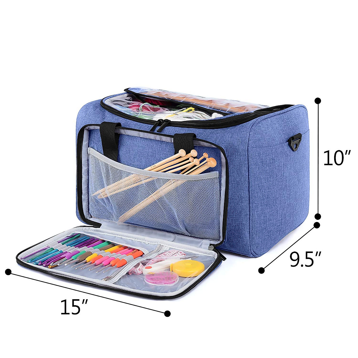Teamoy Knitting Bag with Inner Detachable Divider, Yarn Storage Crochet Bag for Unfinished Projects, Crochet Hooks and Other Accessories, Dark Blue