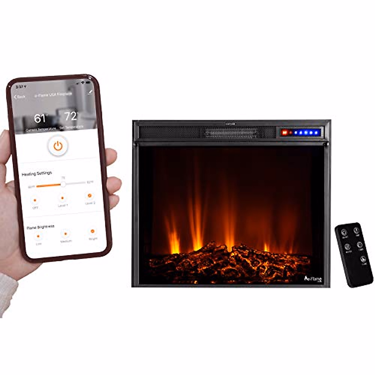 e-Flame USA Whistler LED Recessed Electric Fireplace Stove Insert with Remote - 3D Wood Burning Flame Effect - 28"x24" (Black)