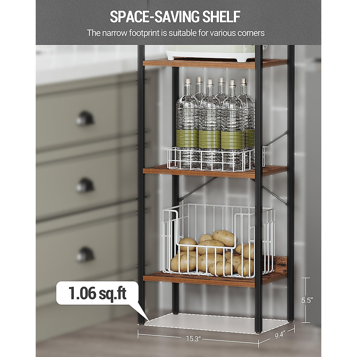 Hzuaneri Bookshelf, Book Shelf, Industrial Bookcase with 2 Hooks, Coner Shelf Storage Organizer for Home Office, Living Room, Bedroom, Kitchen, 6-Tier Rustic Brown BC10701B