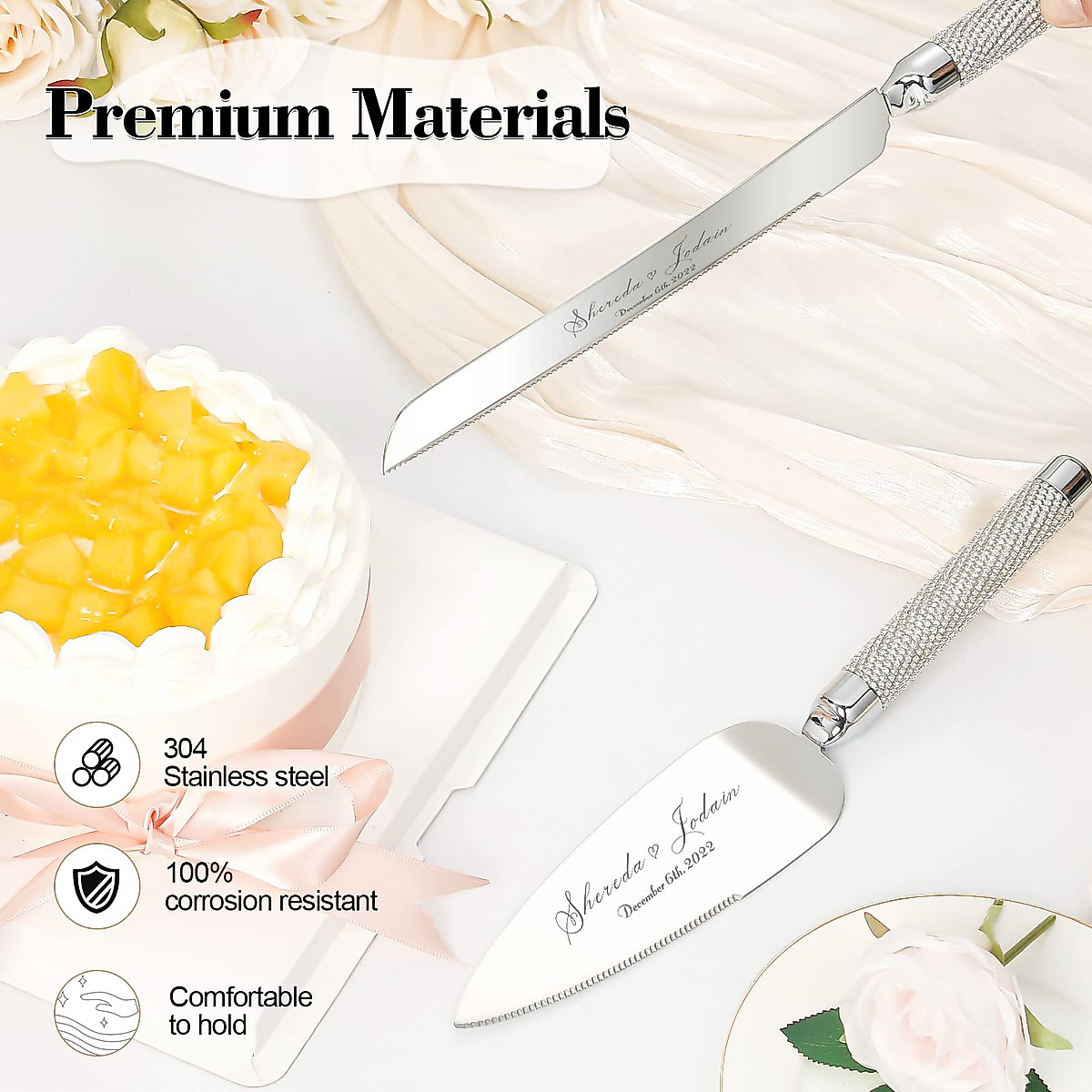 Wedding Cake Knife and Server Set, Personalized Cake Cutting Set, Engraved Elegant Cake Cutters With Sparkling Diamonds, Custom Pie Spatula and Cake Knife, Birthday Bridal Quinceañera Gift (Silver 3)