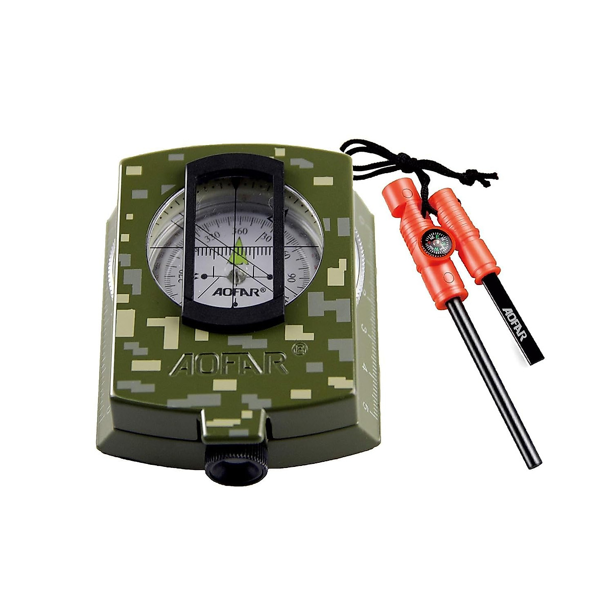 AOFAR Military Compass and Fire Starter AF-4580/381 Lensatic Sighting, Survival Kit,Waterproof and Shakeproof Measure Distance Calculator and Pouch for Camping, Hiking, Hunting, Backpacking