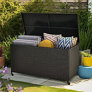 YITAHOME 120 Gallon Large Deck Box with Wheels, Woven Rattan Wicker Outdoor Storage Box, Waterproof Storage Container, Outdoor Cushions Storage-Pool Storage Bin - Brown