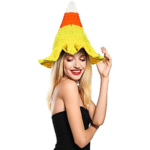 Panitay 10.63 x 12.99 Inch Candy Corn Witch Hat Crochet Pattern for Women Adult Knitted Crochet Wizard Hat for Autumn Halloween Cosplay Party Decorations, Orange, White and Yellow