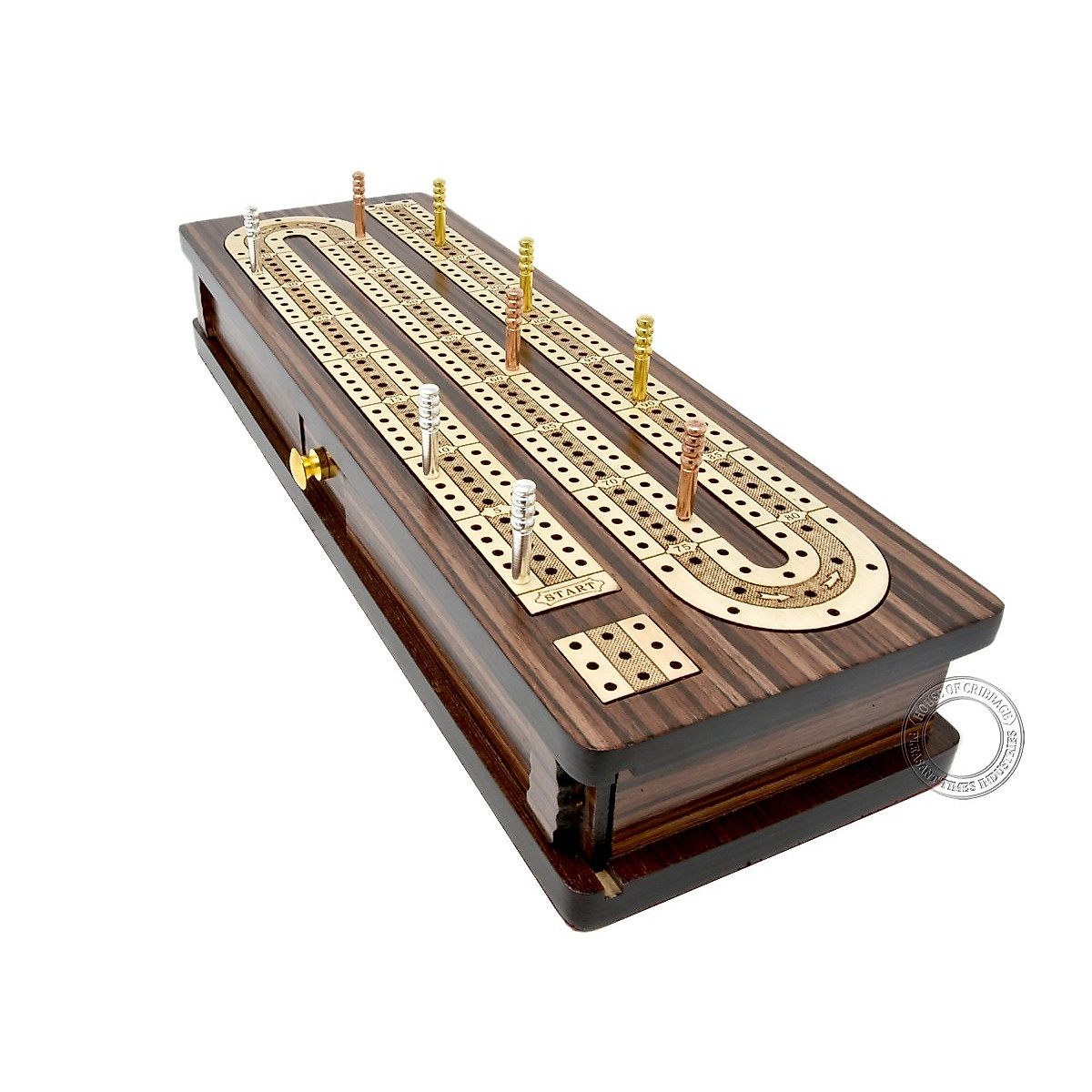House of Cribbage - Continuous Cribbage Board/Box Inlaid in Rosewood/Maple 12" - 3 Tracks - Sliding Lid Drawer