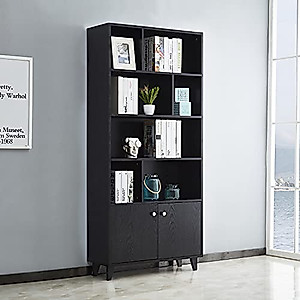 Mixcept Modern Bookcase with 2 Doors 68" Tall Storage Wooden Bookshelf with 7 Compartments for Home Office, Black