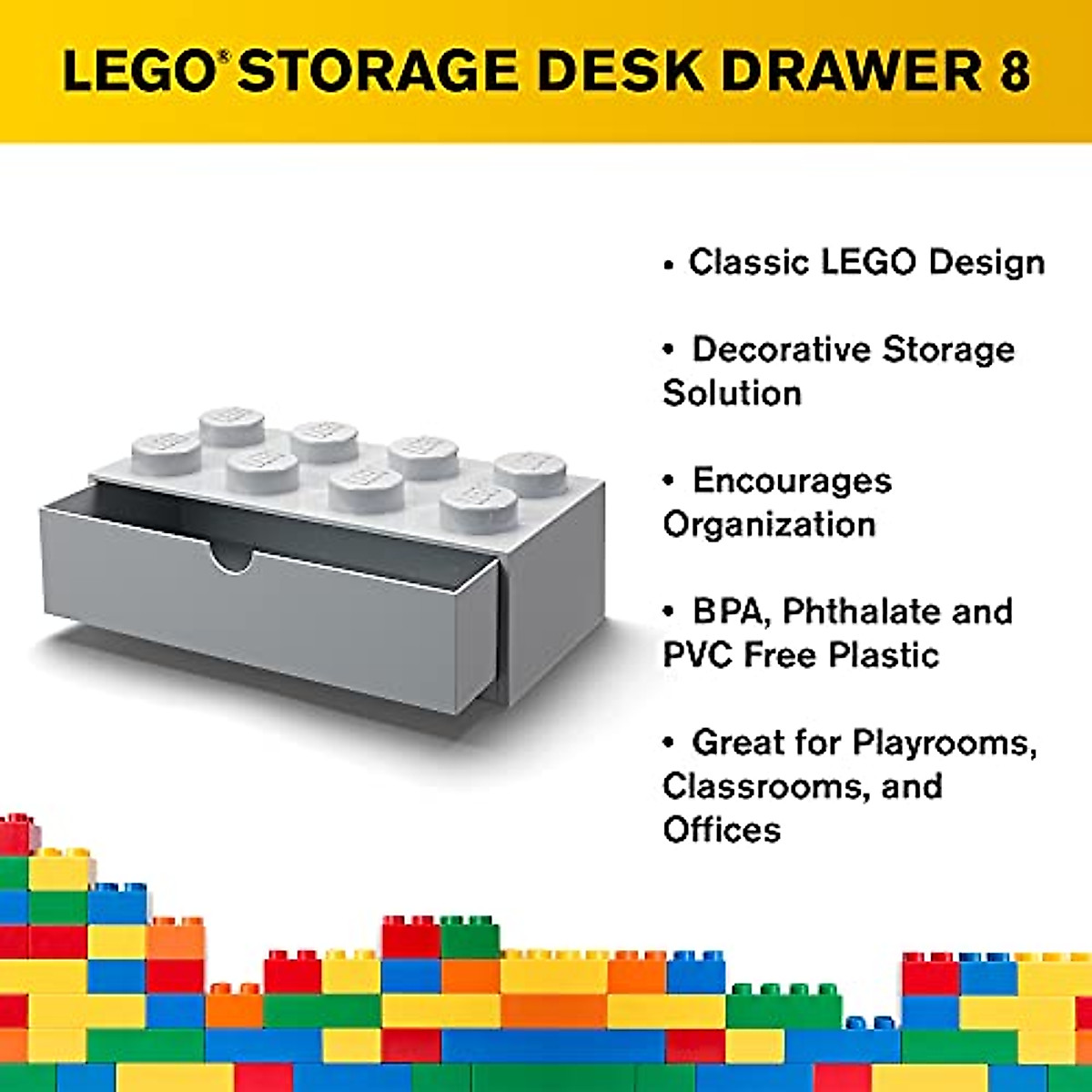 Room Copenhagen Lego Storage Brick 8 Desk Drawer, 8-Stud Stackable Tabletop Storage Box, 12.4 x 6.2 x 4.4 in, Stone Grey