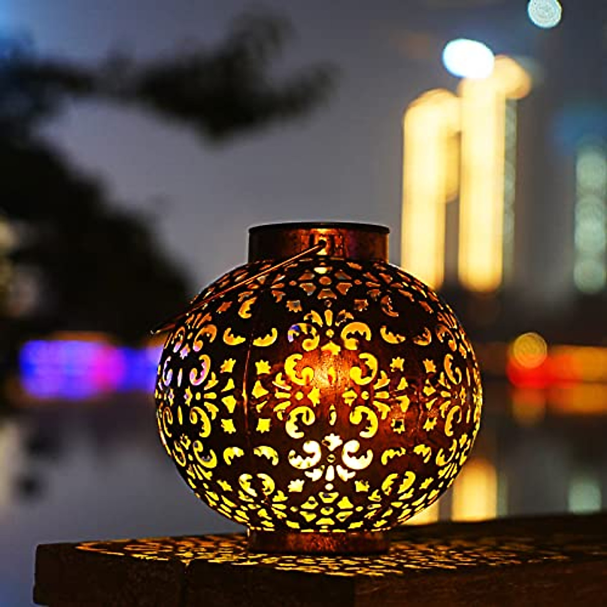 2 Pack Solar Lanterns Outdoor Waterproof Hanging, Solar Powered Lantern Warm White Retro Garden Lanterns, Hollowed-Out Metal Lantern Outdoor Decorative Lights for Yard, Lawn Porch Pathway, Landscape