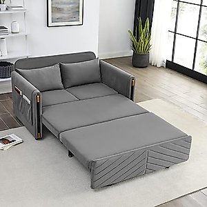 Eafurn Convertible Sleeper Sofa Bed, Modern Velvet Padded Loveseat Couch with Pull Out Bed & w/ 2 Pillows and Side Pockets, Small Love Seat Futon Sofa & Couch with Headboard for Living Room, Grey 54"