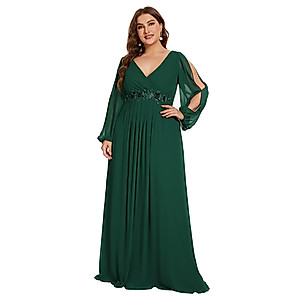Ever-Pretty Plus Womens Floor-Length Plus Size A-line Ruched Dance Dress with Sleeves Green US18