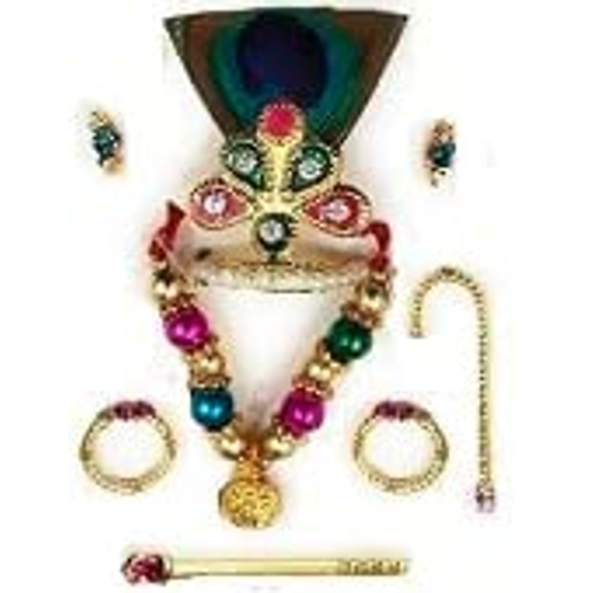 Brass Krishna Laddu Gopal Kanha Makhan Chor Statue Idol Murti Sculpture Ji Idol size no. 3 with Set of Mukut, Mala, Bansuri, Kangan, Hair and ear rings, 1 Dress Velvet(3 No.)