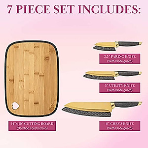 Paris Hilton Reversible Bamboo Cutting Board and Cutlery Set with Matching High Carbon Stainless Steel Knives, Blade Guards, Sleek Yet Comfortable Handle Grips, 7-Piece Set Gold, Charcoal Gray