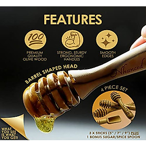 Olive Wood Honey Dipper Stick - Set of 3 (5”/7”/9”) & 1 Wooden Spoon, Use Honey Sticks for Tea & as Honey Server, Honey Dripper, Honey Spoon, Honey Drizzler, Honey Stirrers for Tea