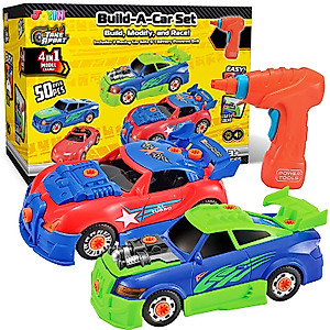 JOYIN Take Apart Toy Racing Car Construction Toys Build Your Own Race Car Set with Light and Sound Real Working Drill and Screws Over 50 Pieces Construction Vehicle Car Toy