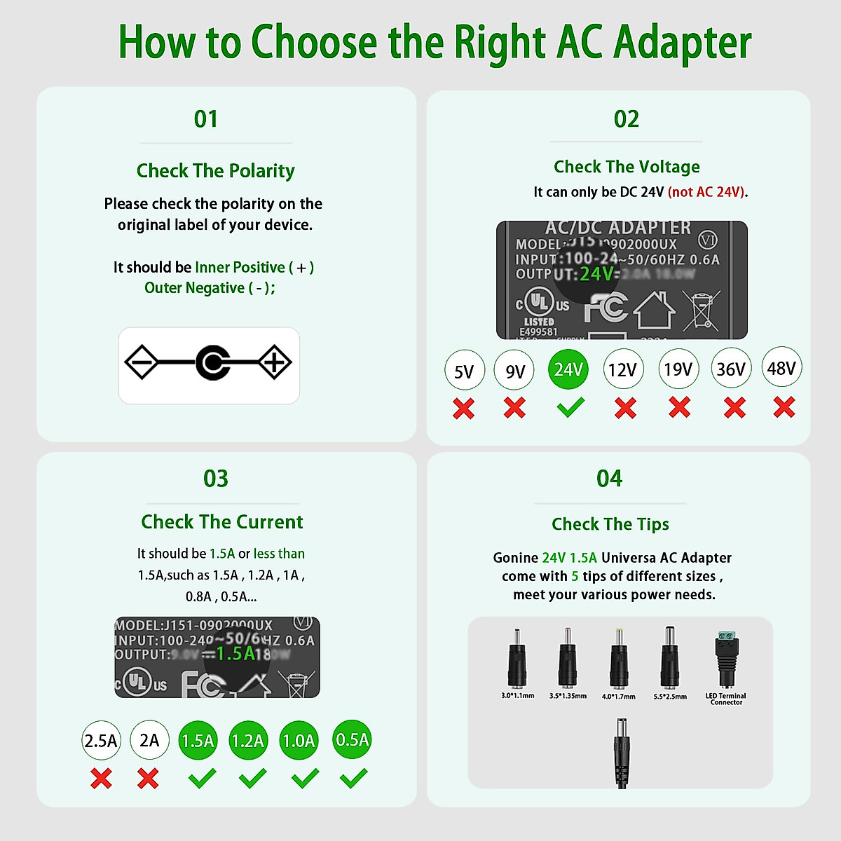 Gonine DC 24V 1A LED Power Supply Cord AC Adapter White, 110-240V AC to DC 24 Volts Charger for 24Vdc 1000mA 800mA 600mA 400mA 300mA 200mA 100mA LED Strip Lights.