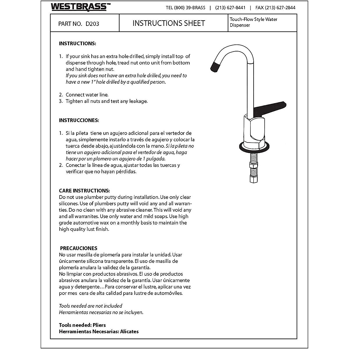 Westbrass D203-NL-07 6" Touch-Flo Style Pure Cold Water Dispenser Faucet, 1 Pack, Satin Nickel