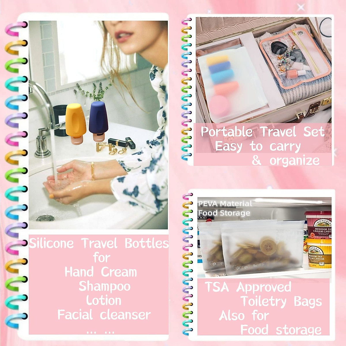 Gpurplebud Portable Travel Bottles Set, 10 Pack Refillable TSA Approved Travel Bottles for Toiletries 2.7oz Leak Proof with Travel Size Containers 2.8oz, with Toiletry Bags (Pink-kits)