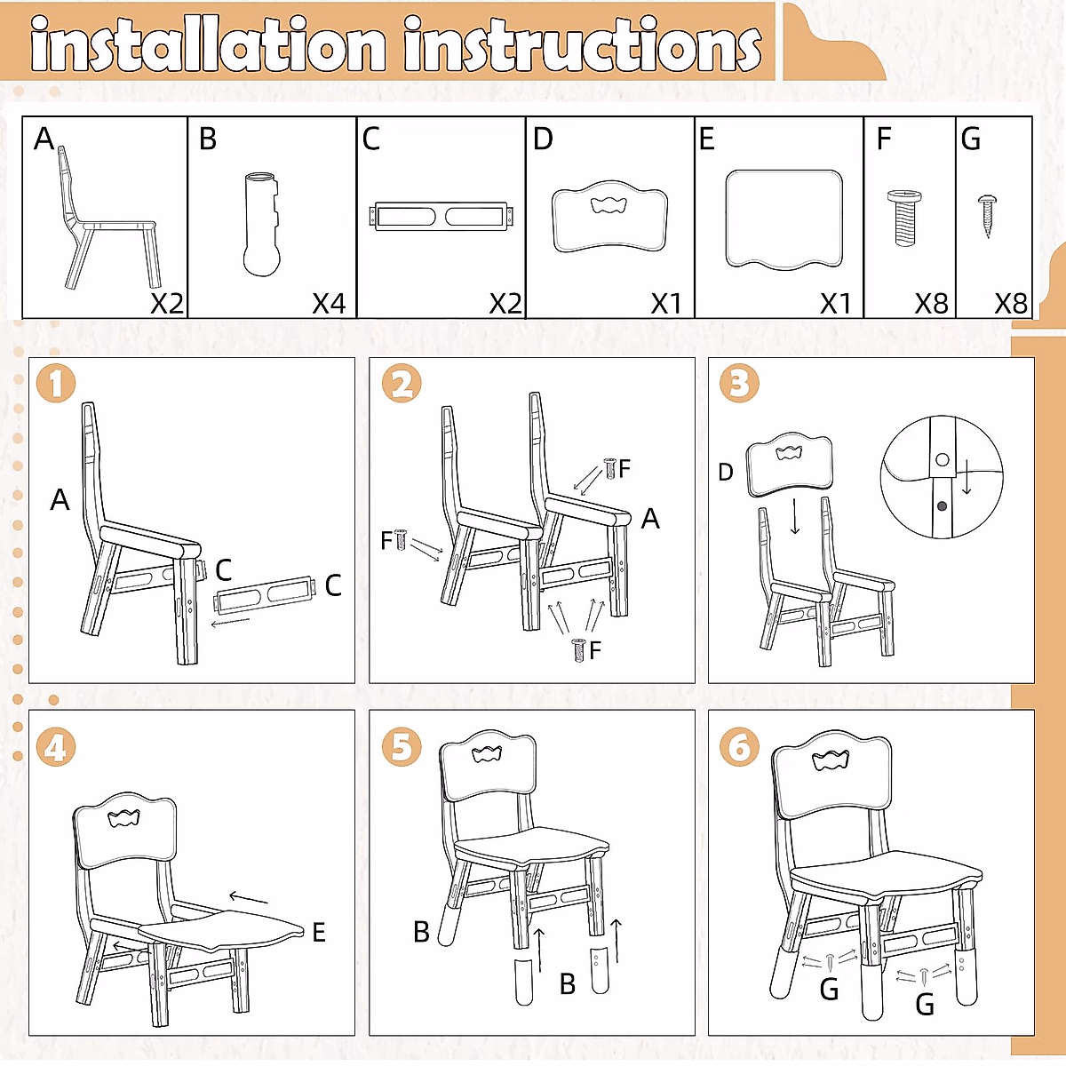 Kigley 6 Pack Height Adjustable Kids Chair Adjustable Table Chair Kid Chairs Age 2-6 Adjustable Height Toddler Seat Child Table Chair for Children Student School Family Daycare (Wood Color)