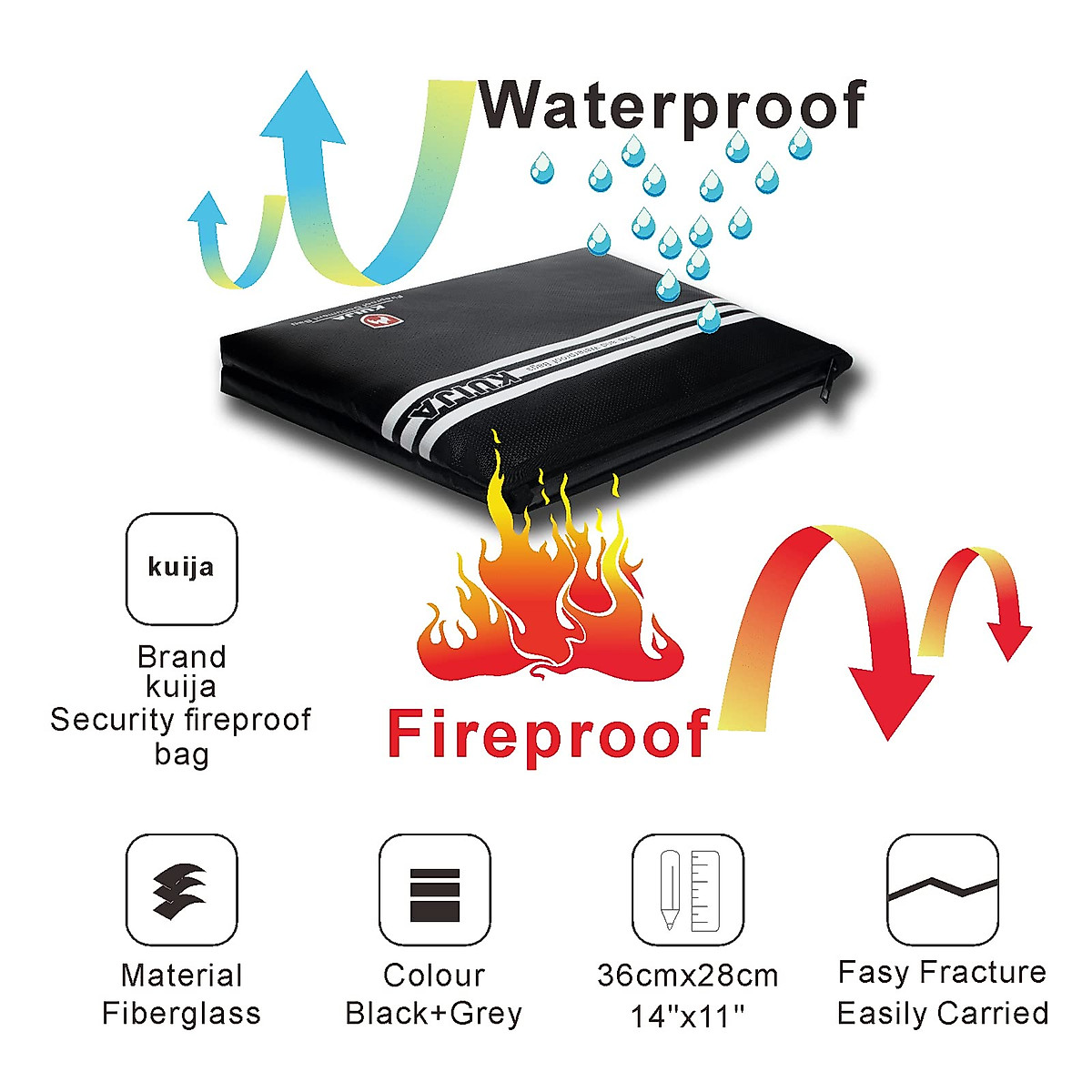 KUIJA Fireproof Document Bag 2000°F, 13.4"x9.4" Fireproof Waterproof Document Bag, Fireproof Money Bag，Fireproof Secure Storage Pouch with Zip, Fireproof Bags for Cash and documents