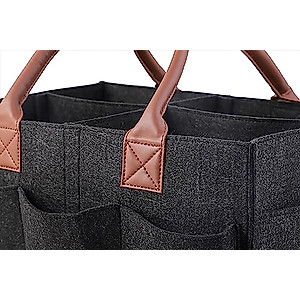 Mysa Felt Baby Diaper Caddy Car Organizer with Vegan Leather Handle for Diapers and Baby Wipes For Changing Table Nursery Storage Bin Basket, Baby Shower Gift Suitable For Indoor Outdoor (BLACK)