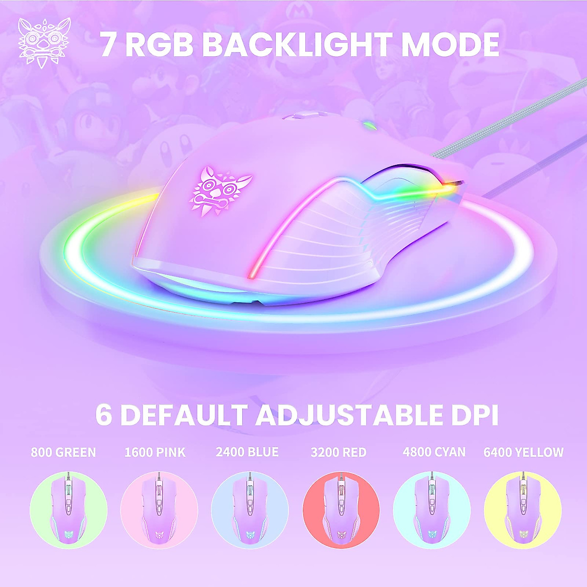 NEWSTYP Cute RGB 6400 DPI Wired Gaming Mouse Breathing LED Optical USB 7 Buttons Gamer Computer Pink Mice for Laptop PC Desktop (Purple)