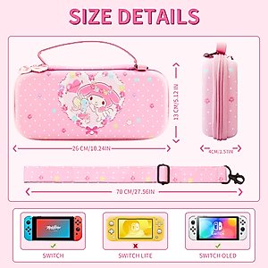FUNDIARY Cute Bunny Carrying Case for Nintendo Switch and Switch OLED, Pink Portable Travel Case Built-in 10 Game Card Slots for Switch Console Joycon & Accessories with Shoulder Strap and 2 Thumb Cap