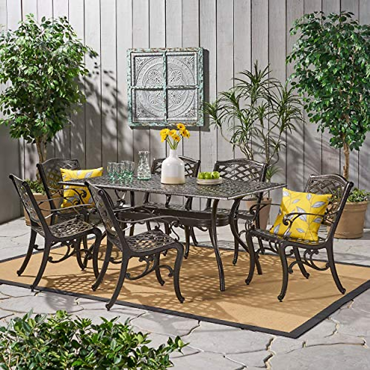 Christopher Knight Home Hallandale Outdoor Sarasota Cast Aluminum Rectangular Dining Set, 7-Pcs Set, Hammered Bronze