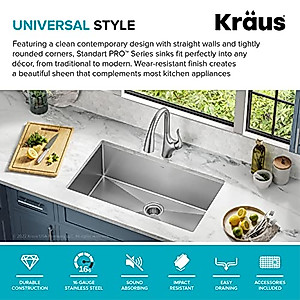 Kraus KHU100-32 Standart PRO 16 Gauge Undermount Single Bowl Stainless Steel Kitchen Sink, 32 Inch