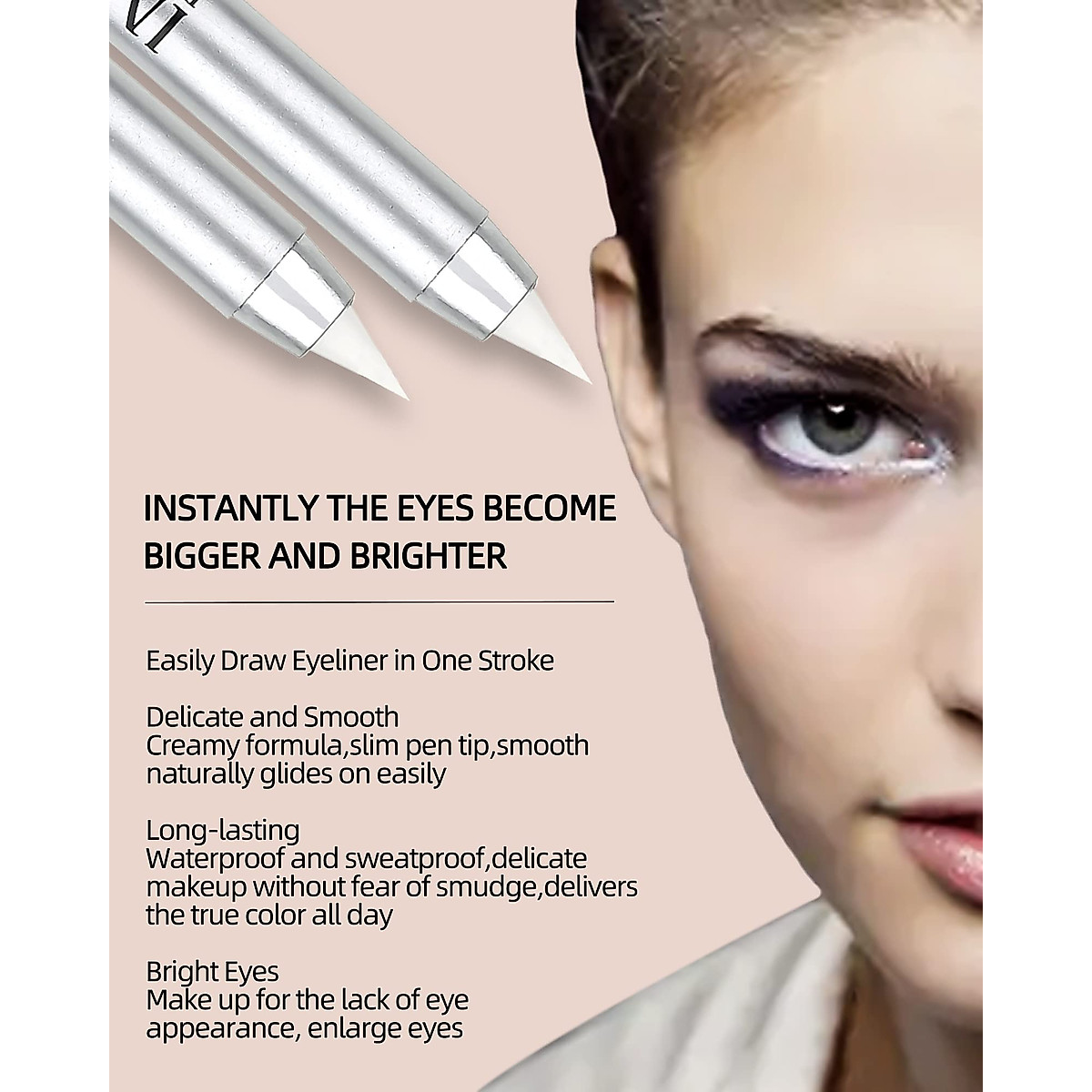 White Waterproof Gel Eyeliner Pens, Highlighter Eye Liner Pencil, Matte Long Lasting Super Smooth formula White Eye Liner Eyeshadow Makeup Pen, Polished White Luster, with Pencil Sharpener-1Pcs