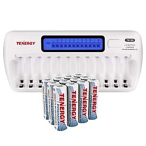 Tenergy 12 Pack Premium AA NiMH Rechargeable Batteries with Charger, 1.2V AA Batteries Ideal for Everyday Electronics and high Power Devices