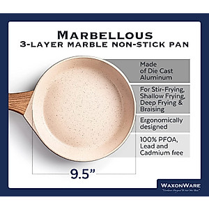 WaxonWare 9.5 Inch Non Stick Skillet & Frying Pan With Induction Bottom & Marbellous (A 100% PFOA Free Coating Made In Germany) - For Stir-Frying, Shallow Frying, Deep Frying & Braising