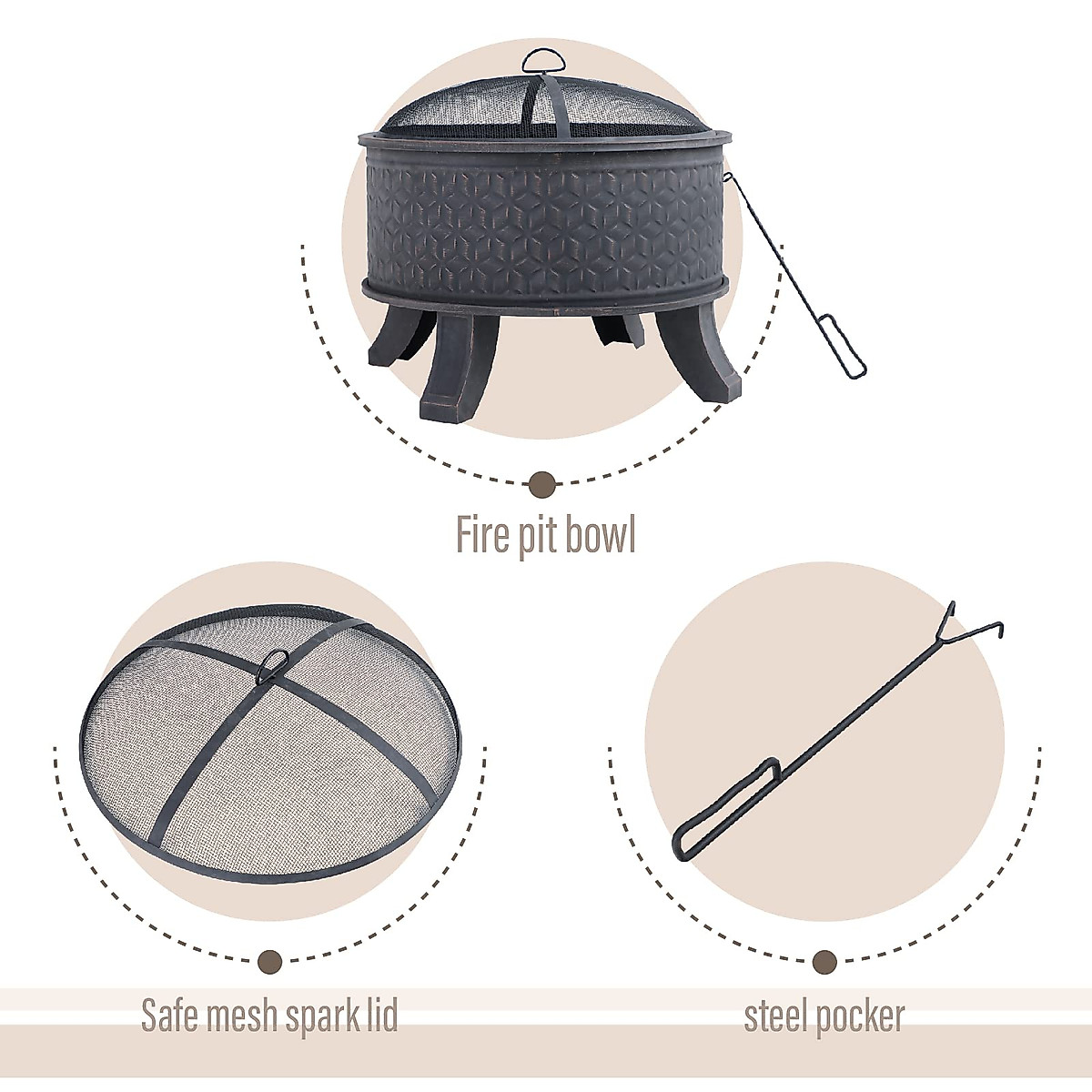 Wood Burning Fire Pit for Outside Antique Bronze 26 Inch Firepit Large Round Fire Pit Bowl with Poker & Spark Screen for Patio Lawn Backyard 4 Leg & Bronze Finish