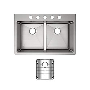 Elkay Crosstown ECTSRA33229TBG5 Equal Double Bowl Dual Mount Stainless Steel Kitchen Sink Kit with Aqua Divide